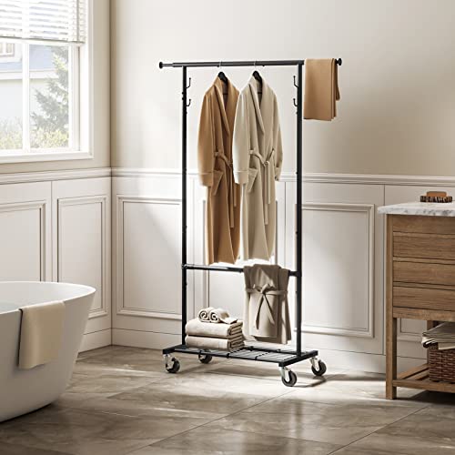 Gewudraw Clothing Garment Rack, Extendable Clothes Rack with Wheels, Bottom Shelves and Hooks, Double Rod Garment Rack Portable Closet Organizer, 64.4 inches