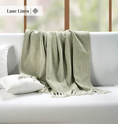 LANE LINEN Super Soft Throw Blanket for Couch & Bed - Classic Herringbone Weave with Tassel Cotton Lightweight Breathable Durable Cozy Warm β Pack of 2 50βx70β Sage Green