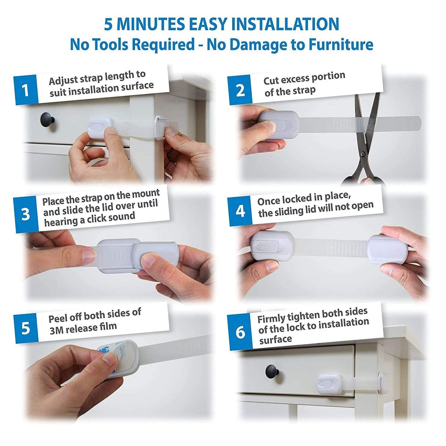 Child Safety Strap Locks (4 Pack) for Fridge, Baby Proofing Cabinet Locks, Cabinet Locks for Babies, The Safest Refrigerator Lock Strap for Home Drawer, Cabinets, Shoe Rack, Fridge