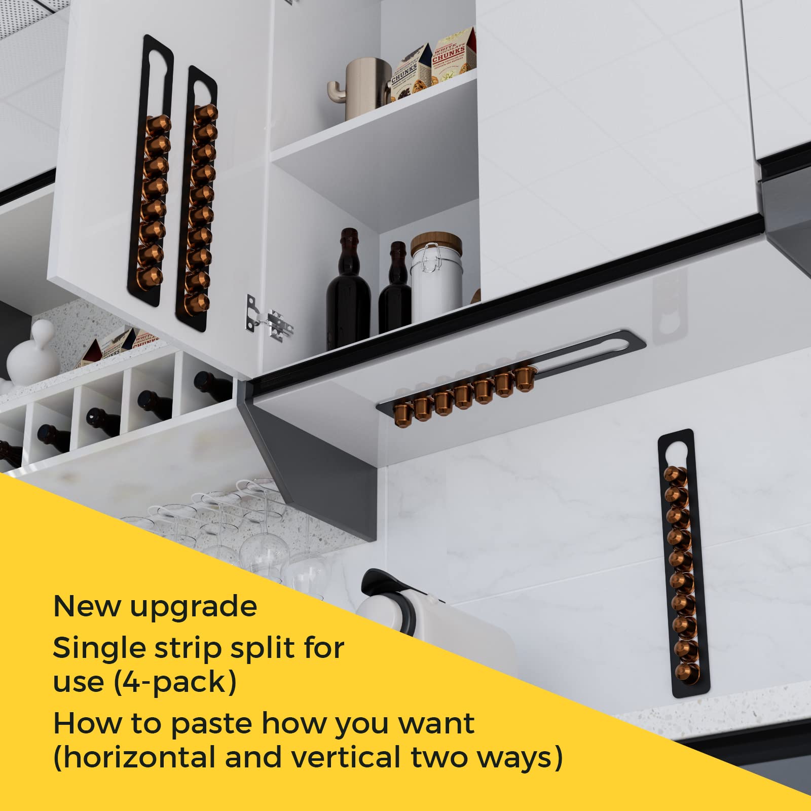 JNIHEEP Coffee Pod Holder Metal Black Adhesive Capsule Holder for Original Line Nespresso Pods,Vertically or Horizontally Mount on Wall or Under Cabinets,15.75" L by 2.38" x 4 Packs Storage Holds 44