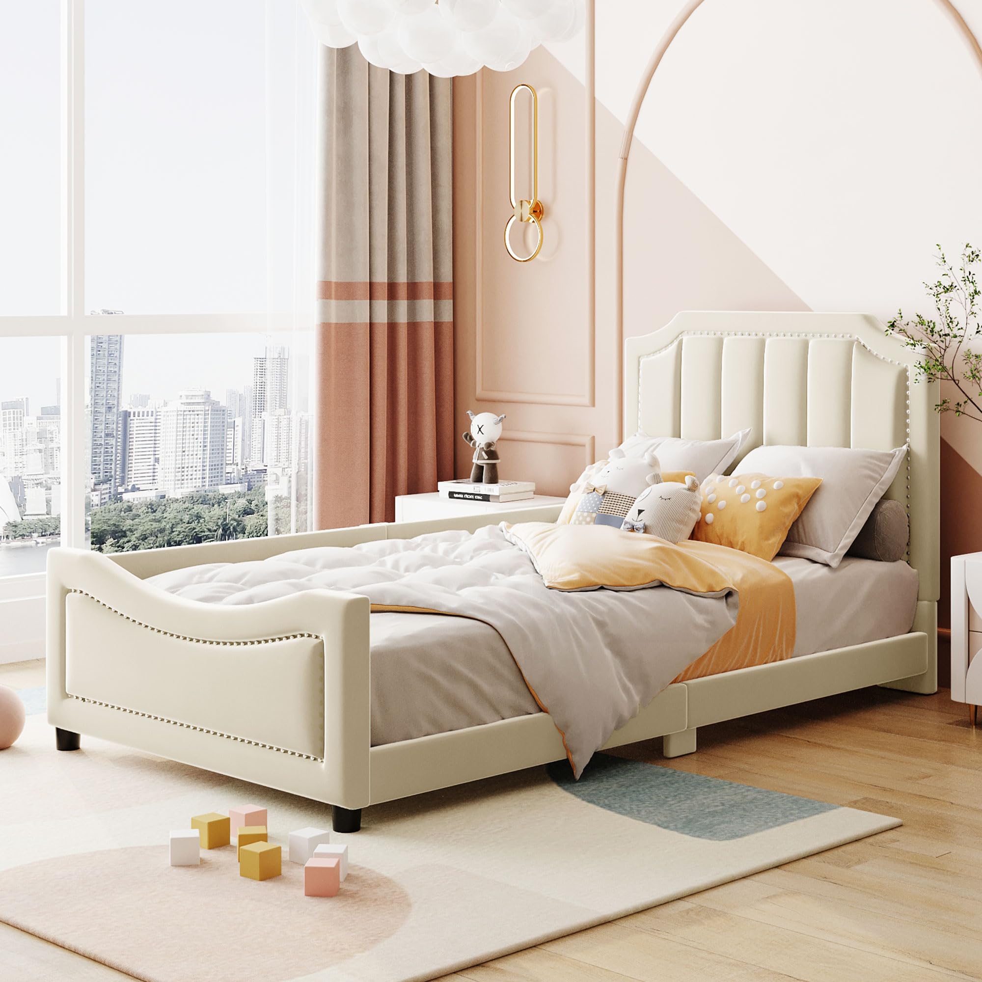 Harper & Bright Designs Upholstered Twin Daybed Frame for Kids,Velvet Twin Beds with Classic Stripe Shaped Headboard, Wood Cute Twin Bed Frames for Children Girls Boys,Beige