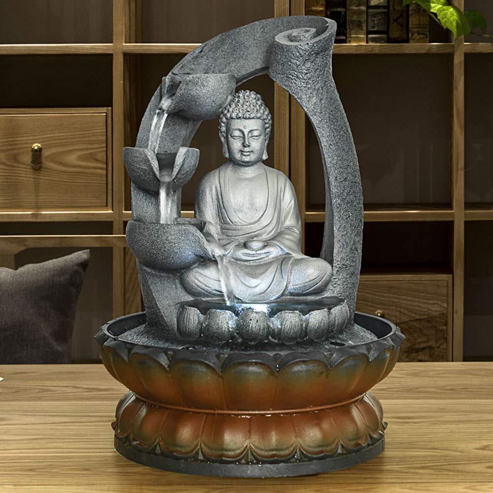 PeterIvan Buddha Fountain - 11in Buddha Tabletop Water Fountain for Home&Office Decoration, Decorative Sculpture with LED Light&Circular Water Flow for Good Luck Keeping (Grey, 11inch)