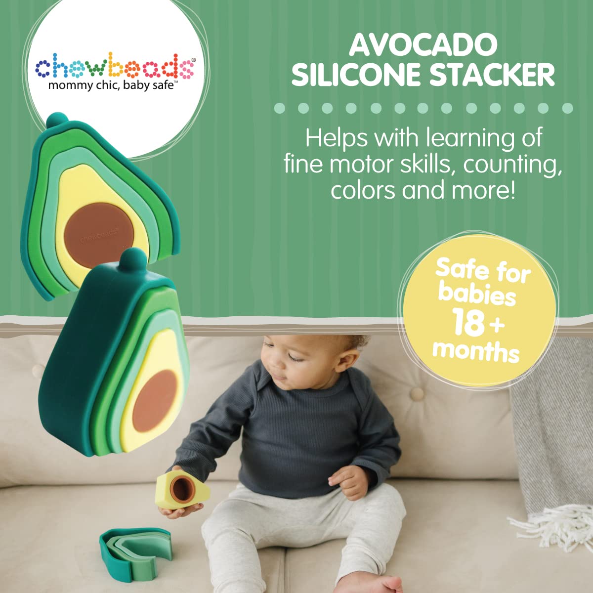 Chewbeads Avocado Baby Stacking Toy - 100% Silicone Stacking Toy for Babies 6-12 Months to Develop Fine Motor Skills - Fun, Colorful Avocado Baby Toy - Dishwasher Safe, BPA & Phthalate Free