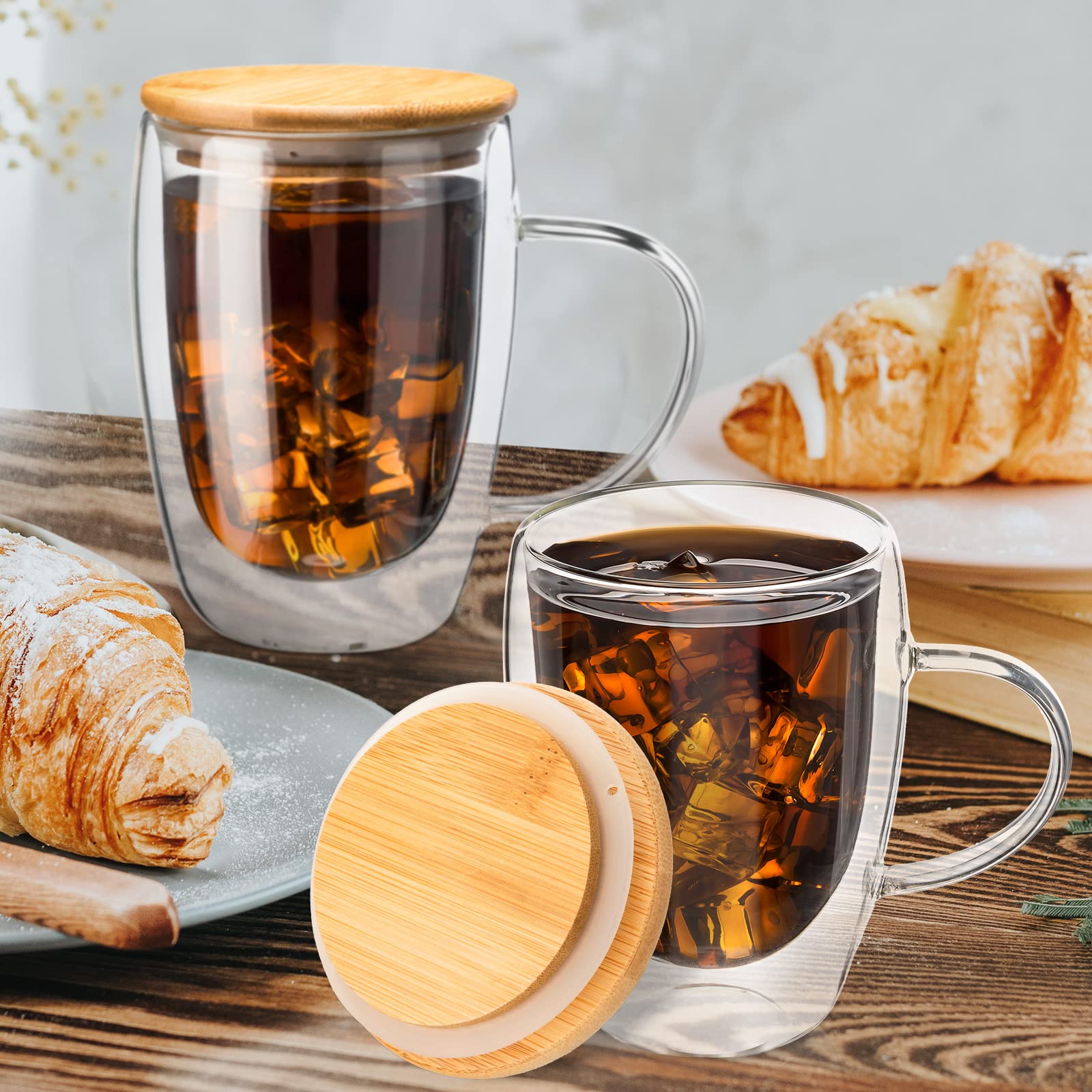 Eccliy 4 Pcs 12oz Glass Coffee Mugs with Bamboo Lids Insulated Double Walled Glass Coffee Cups Clear Tea Mug Glass Tea Cups with Handles for Hot or Iced Coffee Milk Tea Beverage Cappuccino Latte