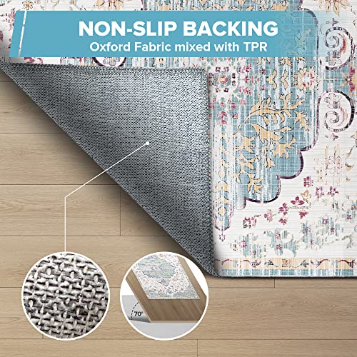 Pajata Light Blue and White Vintage 5X7 Area Rug Bohemian Floral Cover Print Distressed Carpet for Bedroom Living Room Non-Shedding