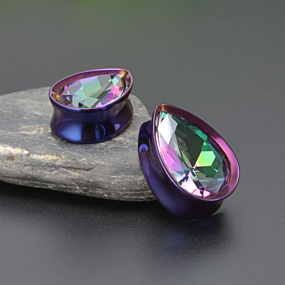 COOEAR 1 Pair Gauges for Ears Tear Drop Gem Ear Tunnels and Plugs Flesh Stretchers Expander 0g to 1 Inch.