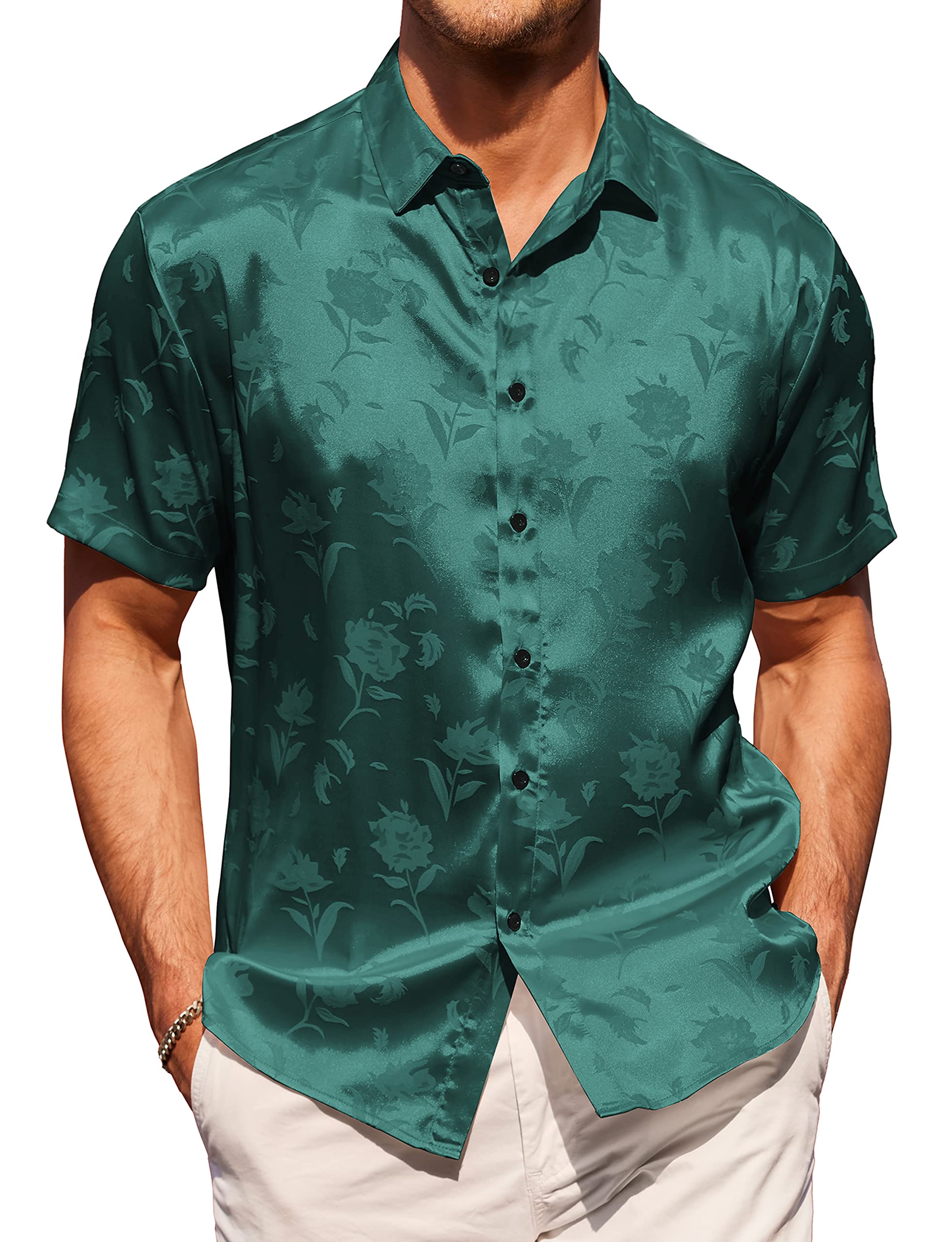 COOFANDY Men's Jacquard Satin Button Down Shirts Short Sleeve Silk Shirts Casual Summer Beach Shirt Green Large