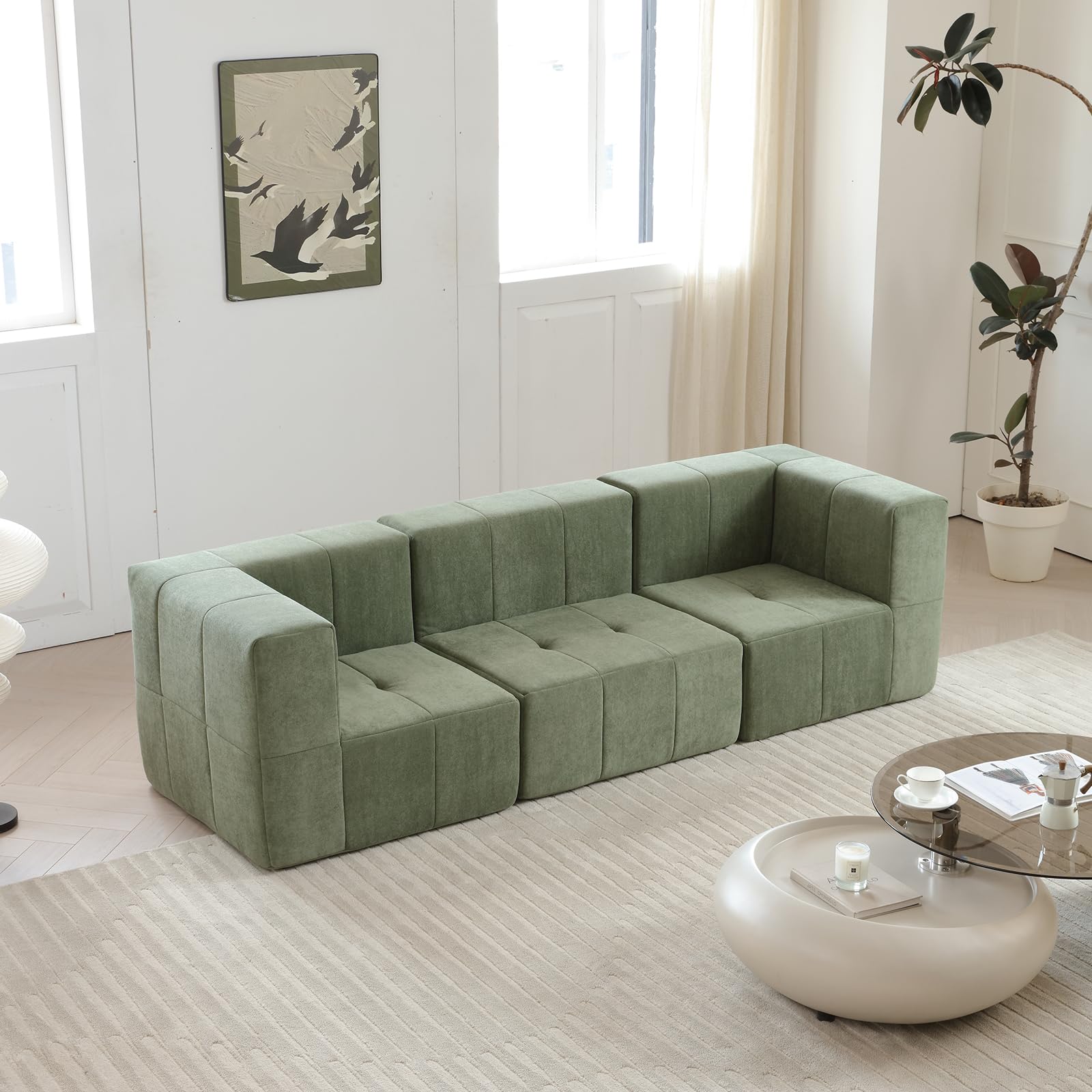 FUKAYI Modular Sectional Sofa Couch Modern Compressed Sofa Couch 3-Seat Foam Couch for Living Room, Apartment, Studio, Office,Ivory