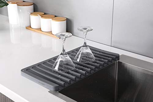 Self-Draining 2 in 1 Silicone Drying Mat and Trivet by Modern Joe's. Premium Space Saving Dish and Glassware Silicone Mat. Made from Food-grade, Dish Washer Safe and Heat Resistant (Gray)
