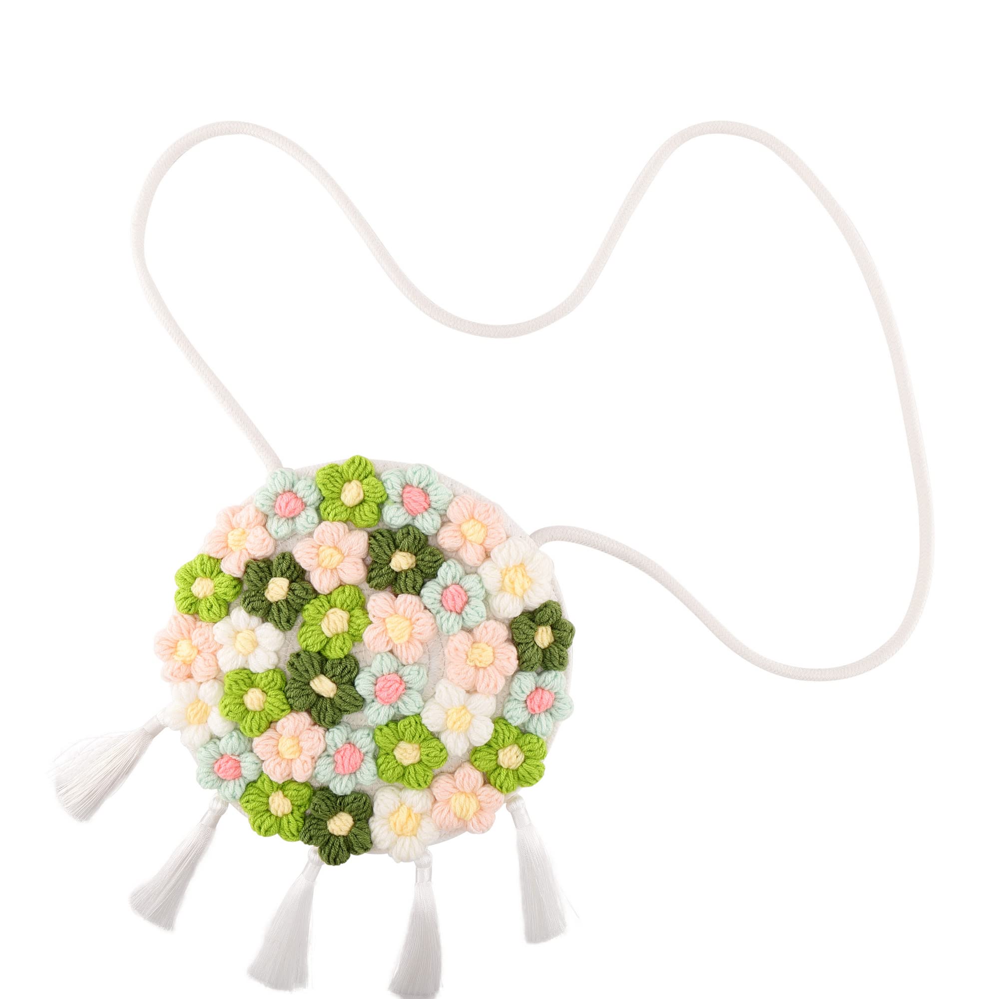 CHIC DIARY Handwoven Crossbody Handbag for Women Summer Beach Flower Shoulder Bag Small Cotton Crochet Round Purse (White)