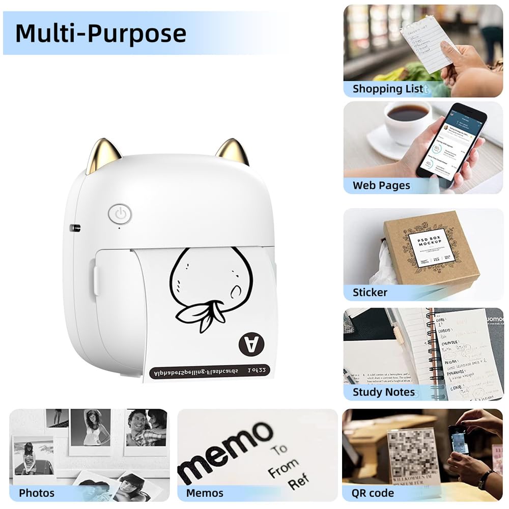HASDSAGY Mini Portable Printer, Bluetooth Smart Pocket Inkless Sticker Printer with 10 Roll Papers, Wireless Thermal Printer Compatible iOS & Android for Study, Journal, Memo, Travel (Bunny)