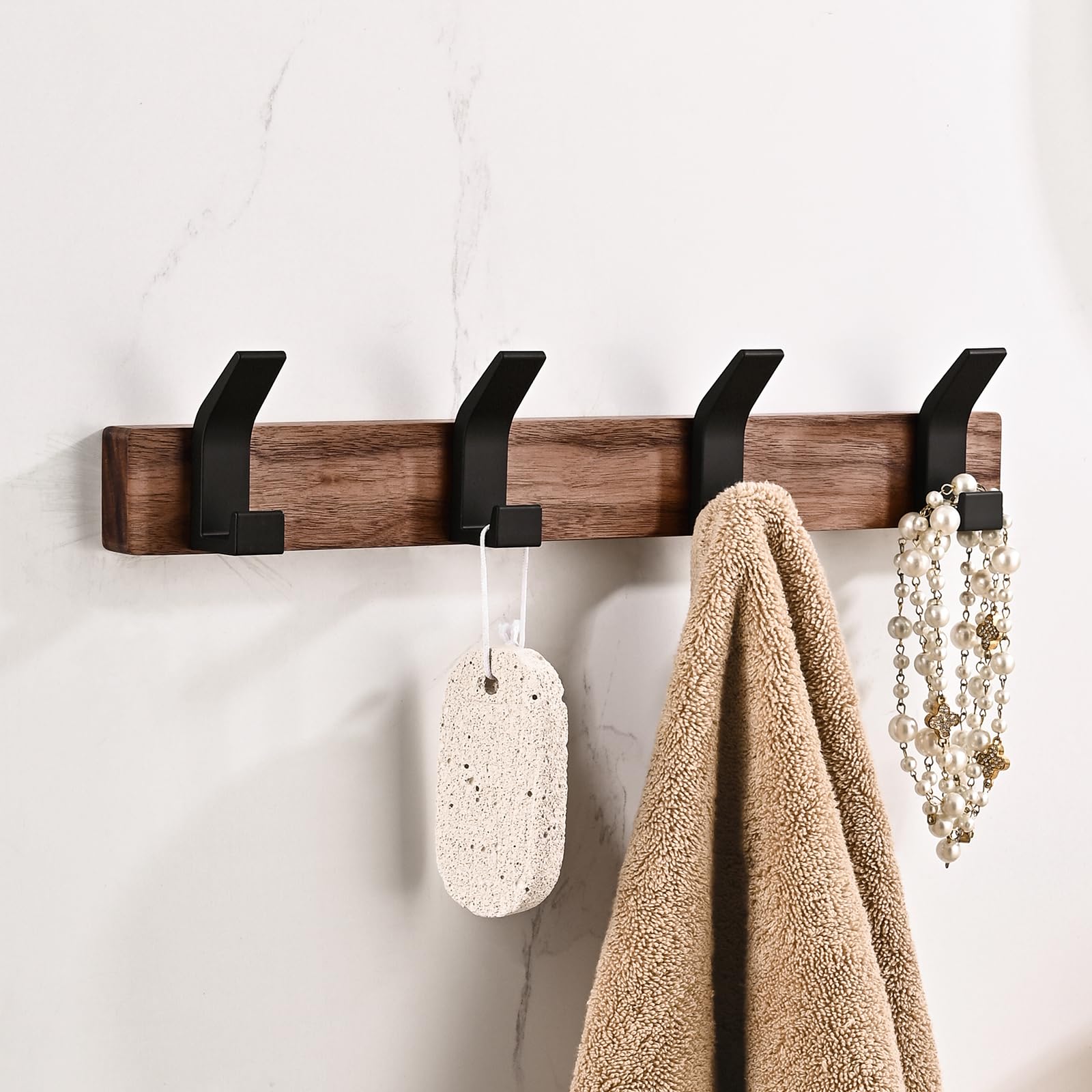 Jadorn Coat Rack Wall Mount - 15.7 Inches Walnut Wood Coat Hooks Coat Rack Wall Mount with 4 Hooks Black Aluminum Coat Hooks for Hanging Coat Hat Bag Hat Rustproof Coat Hanger