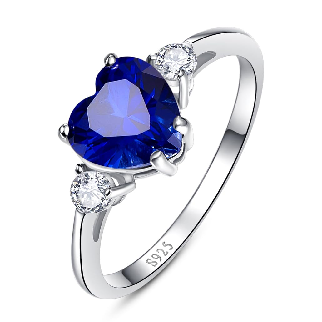 BONLAVIE 2.25ct Created Blue Sapphire Ring 925 Sterling Silver Rhodium Plated Blue Heart Ring Promise Ring Engagement Ring for Her Birthday Anniversary Valentine's Day Size 7