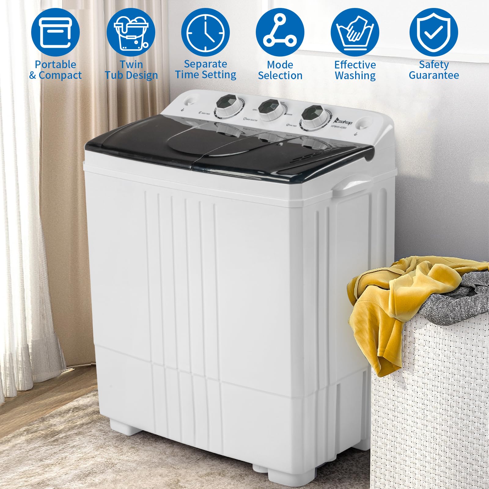 GODECOR Portable Washing Machine, 20LBS Compact Mini Twin Tub Washer Machine, Portable Washer Wash and Spin Cycle, Built-in Gravity Drain for Camping, Apartments, Dorms, College, RV's, Small Spaces