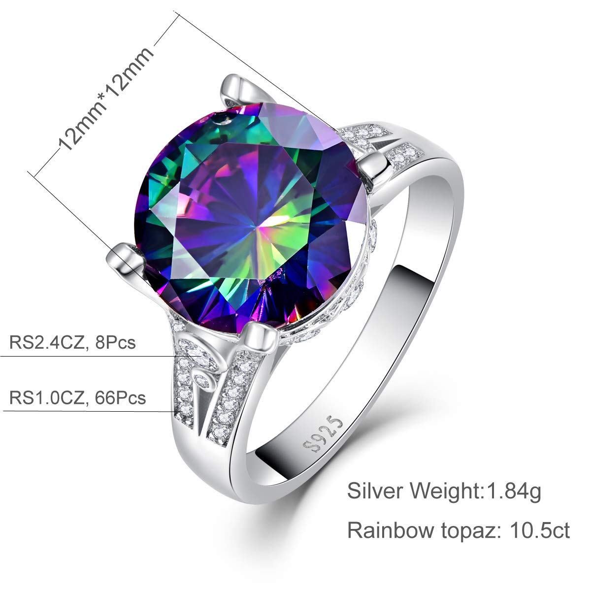 BONLAVIE Promise Rings for Her 925 Sterling Silver Created Round Cut Fire Rainbow Topaz Engagement Eternity Wedding Bands for Women Size 6