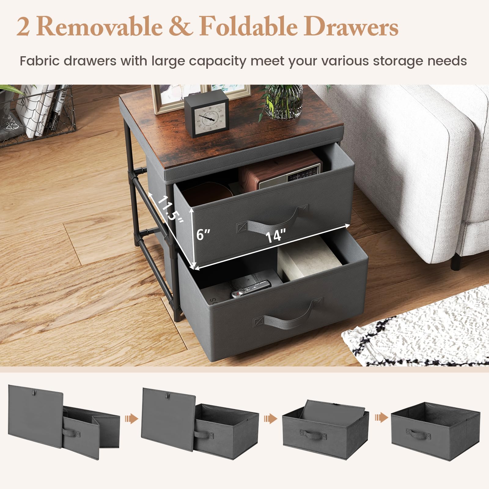 GOFLAME Fabric Dresser with 2 Drawers, Nightstand for Bedroom, Bedside Table with Removable Fabric Bins & Handles, Sofa Side Table, End Table for Living Room, Entryway, Grey & Rustic Brown