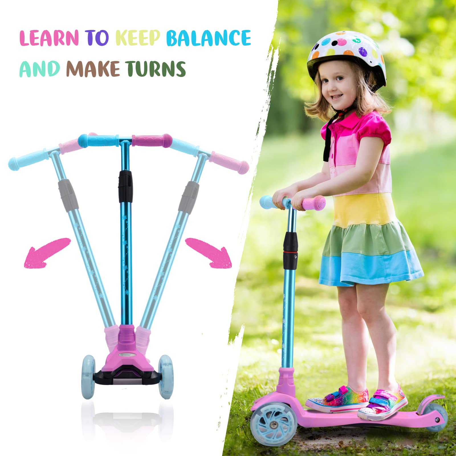 WV WONDER VIEW 3 Wheel Scooter for Kids, Kids Scooter with Light Up Wheels, Sturdy Deck Design, and 4 Height Adjustable Suitable for Kids Ages 3-12, Pink