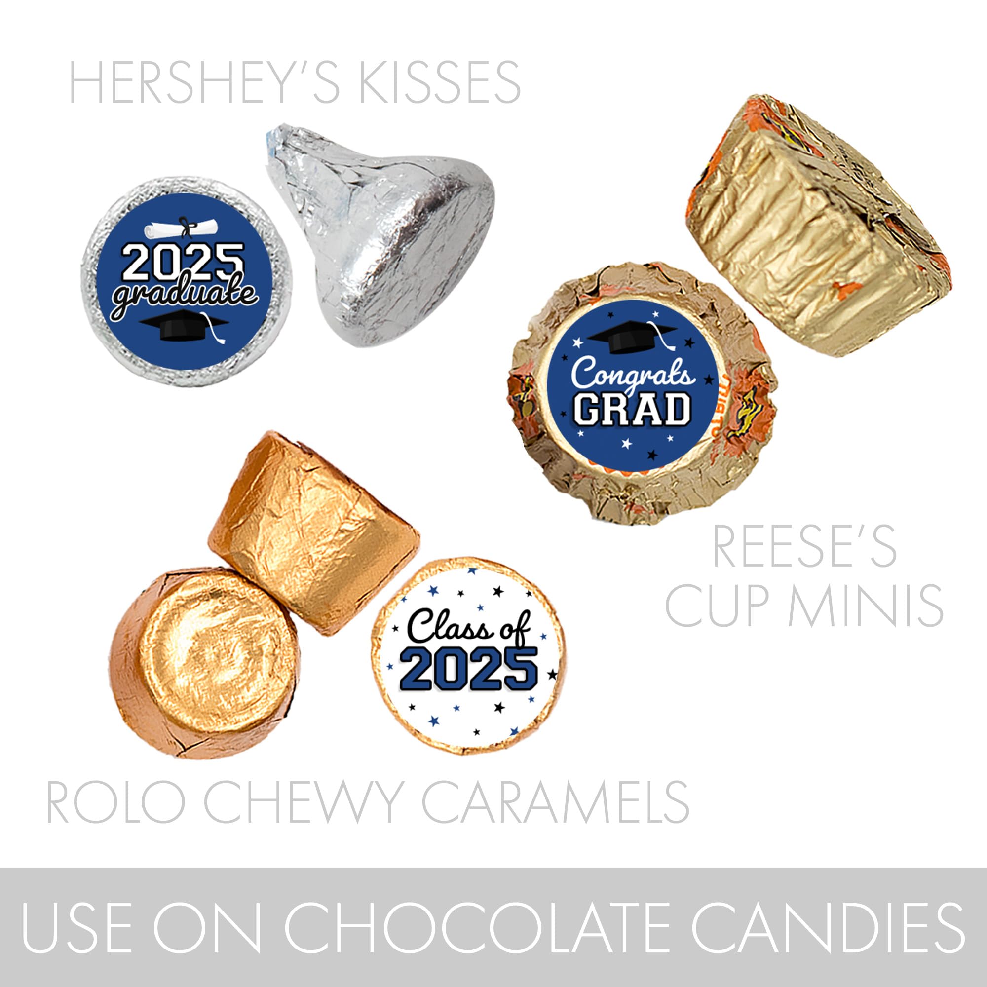 Graduation Party Stickers for Kisses Candy, Chocolate Drops, Grad Party Favors - 180 Count (Blue 2025)