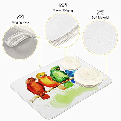 Watercolour Parrot Bird Tree Dish Drying Mat 24"x18" Absorbent Machine Washable Hanging Fast Dry Pad Dish Protective Mat for Kitchen Countertop Heat Resistant Dinner Table Mat