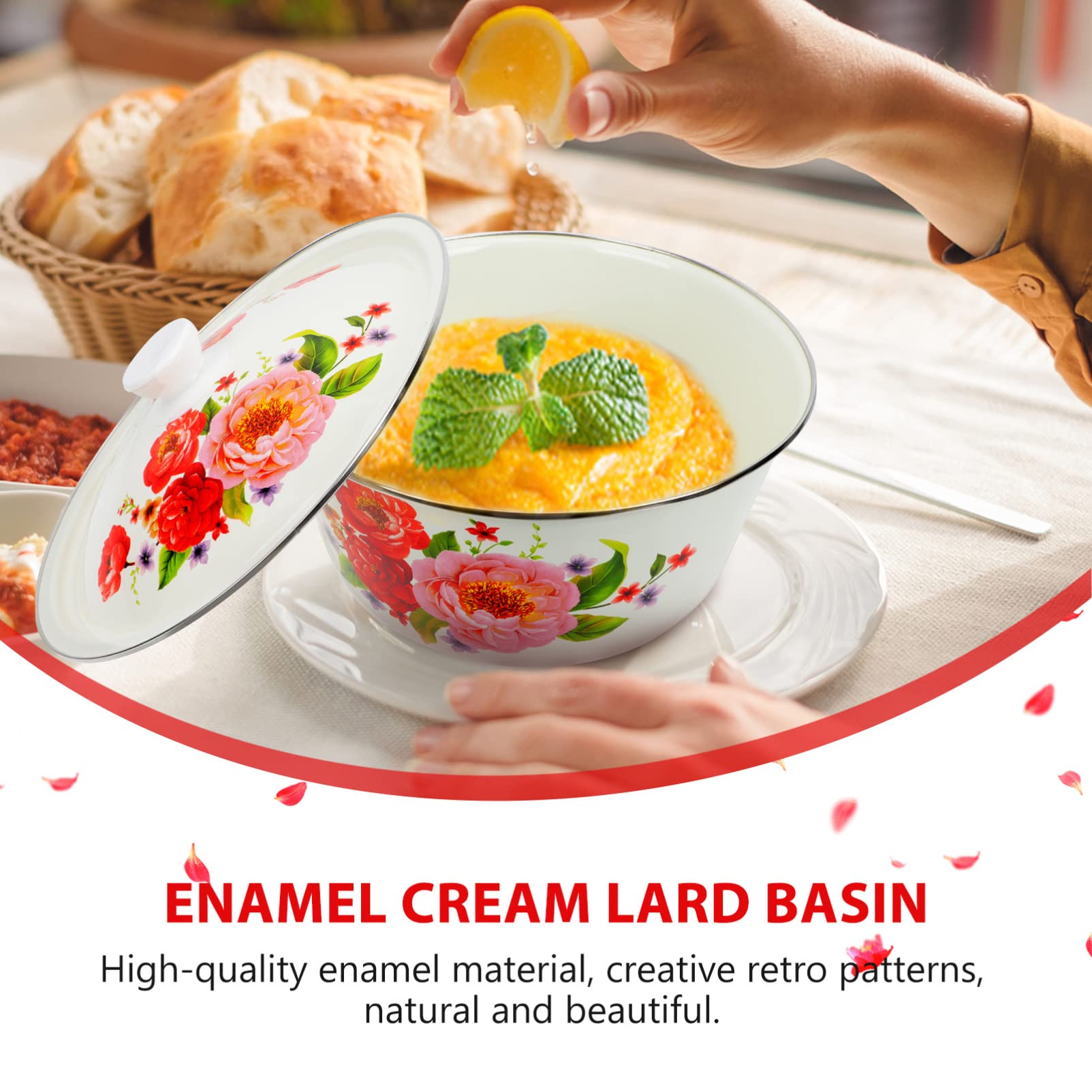 DOITOOL Vintage Enamel Basin Large Retro Enamel Bowl Flower Printed Cooking Pot Tureen Pot with Lid Kitchen Accessories