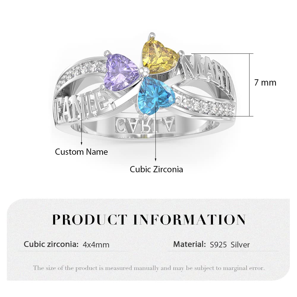 Custom Name Ring Creative 3D 925 Sterling Silver Birthstone Rings for Women Mother Dainty Bride Engagement Ring Personalized Promise Rings for Her (3 NAMES)