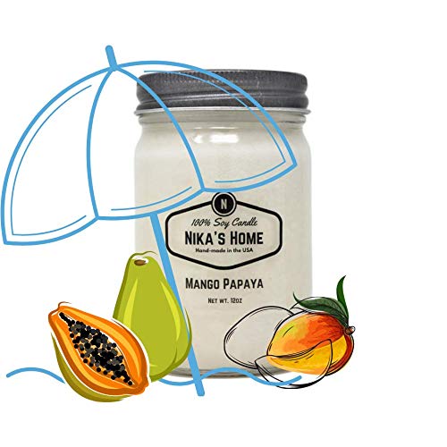 Nika's Home Mango Papaya Soy Candle - 12oz Mason Jar - Non-Toxic Soy Candle-Hand Poured Candle- Handmade, Long Burning Candle-Highly Scented Candle-All Natural, Clean Burning Candle