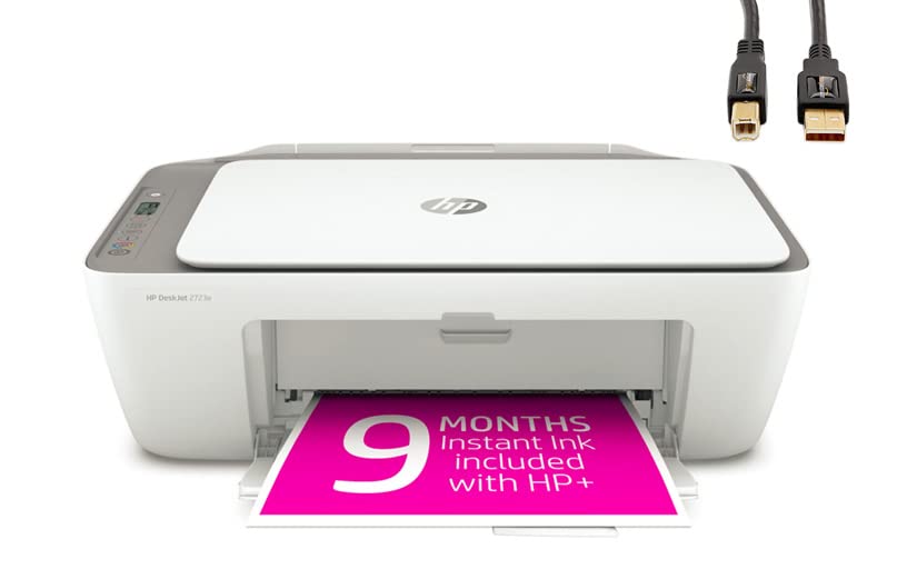 HP DeskJet 2723e All-in-One Wireless Color Inkjet Printer,Print Scan Copy - LCD Display, 4800 x 1200 dpi, 9 Months Free Instant Ink WiFi, Bluetooth, W/Valinor Printer Cable