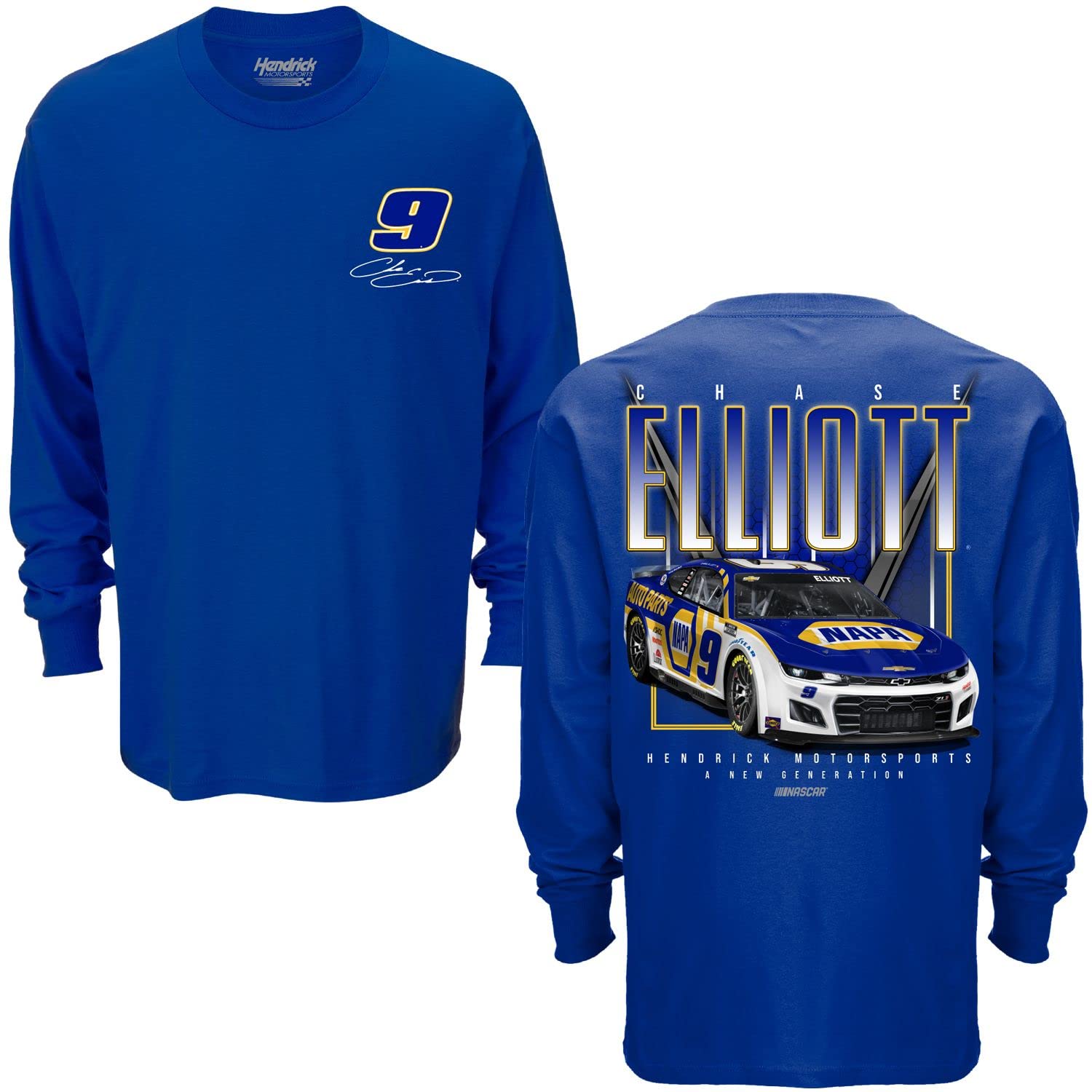 Checkered Flag Chase Elliott 2022 Long Sleeve NAPA Pit Road #9 T-Shirt Blue (Medium)