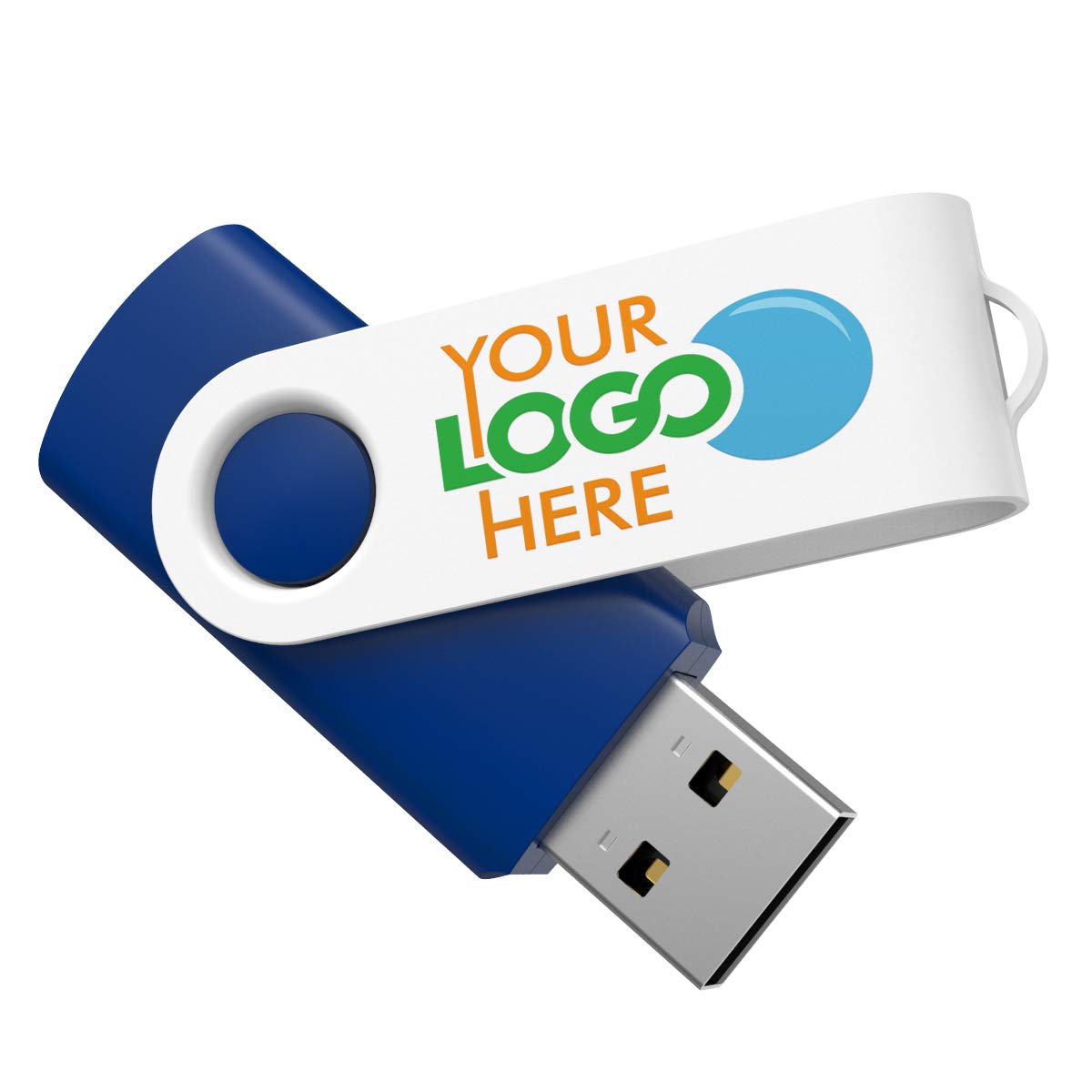Custom USB Flash Drives Personalized 30+ Color Combos and Logo on 2-Sides - Assembled in USA - Grade A Memory - Deep Blue Body/White Swivel - 2GB [Pack of 25]