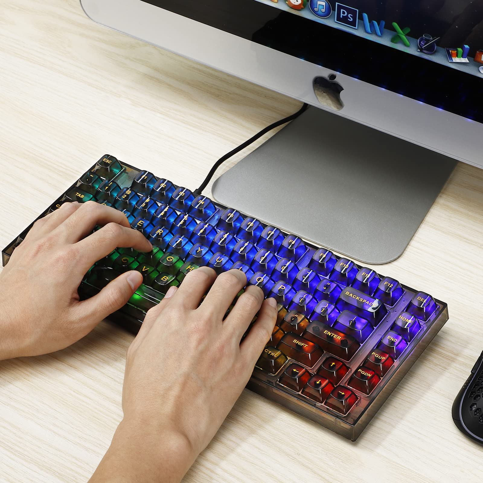 CHICHEN Mechanical Gaming Keyboard,Cool RGB Backlit Compact 82 Clear Keycaps,Hot Swappable 80% Keyboard with Ice Switch,Wired Transparent Keyboard for Windows/Mac (Transparent Black)