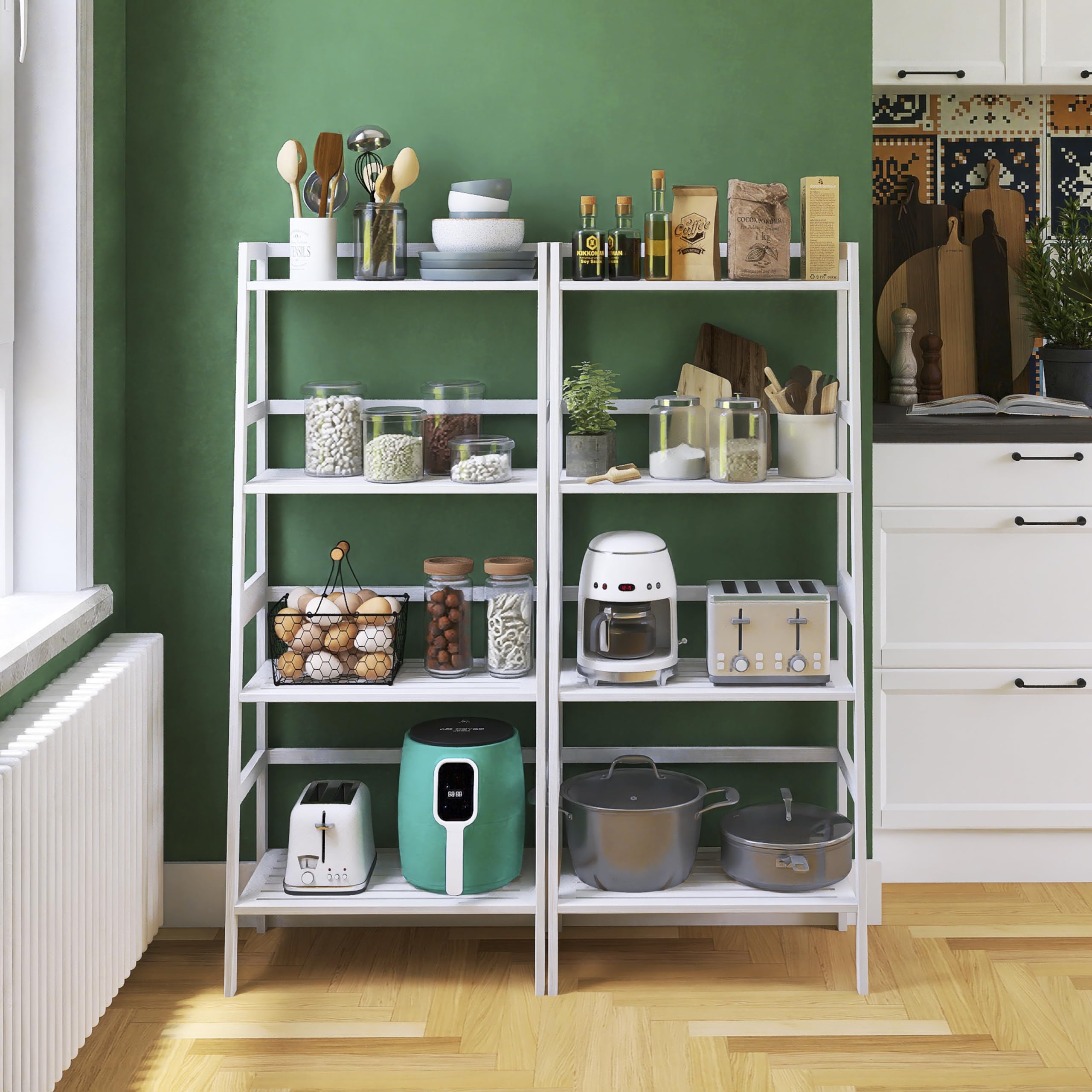 HITNET White Ladder Bookshelf, Leaning Bookcase, 4-Tier Bamboo Shelf, Floor Standing Storage Shelving Unit, Open Display Book Shelves