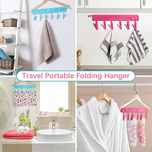 Pansyling 4PCS Foldable Travel Hanger Cloth Hanger Bathroom Towel Rack Clothespin Easy-to-Pack Laundry Clips Clothesline Portable Drying Hanger with 6 Clips for Socks Towels Underwear, Blue