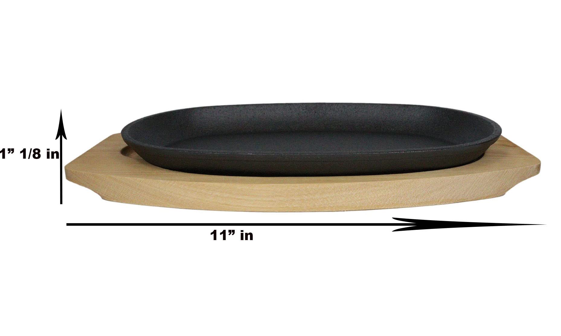 Ebros Personal Sized 9.5"Lx5.5"W Cast Iron Sizzling Fajita Skillet Japanese Steak Plate With Handle and Wooden Base For Restaurant Home Kitchen Cooking Accessory For Pan Grilling Meats Seafood