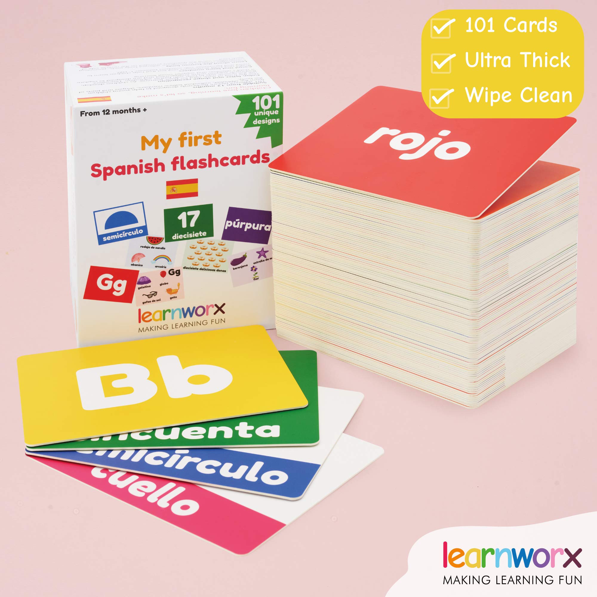 Spanish Flash Cards for Kids and Toddlers - 101 Cards - 202 Sides - Learn Shapes, Numbers, Colors, Body Parts, Counting, Letters & More - Great Value, Fun Learning and Educational Flashcards
