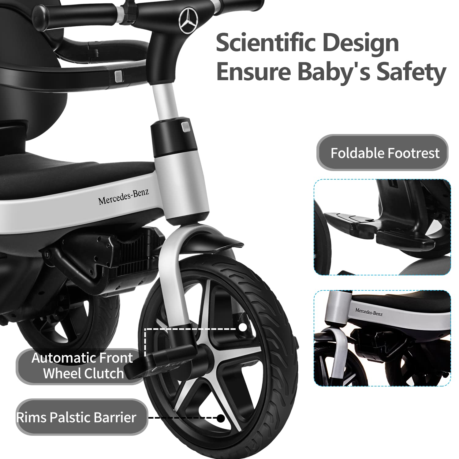 FUNYARD Tricycle, Mercedes Benz Licensed Tricycle for Toddlers Age 1-5 with Adjustable Push Handle, Bell, Removable Canopy, Storage Basket, Detachable Guardrail (Grey)