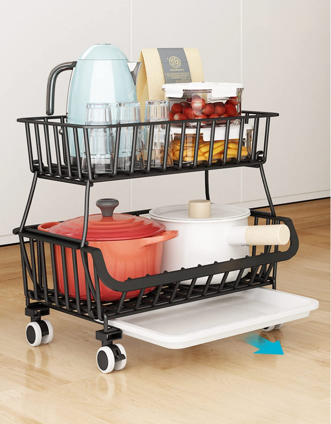 FANWU 5 Tier Fruit Basket Stand, and Vegetable Storage Cart, Wire with Wheels, Metal Stackable Snack Organizer, Potatoes Onions Produce Bins Rack for Kitchen, Pantry (Black-5-Tier Baskets)