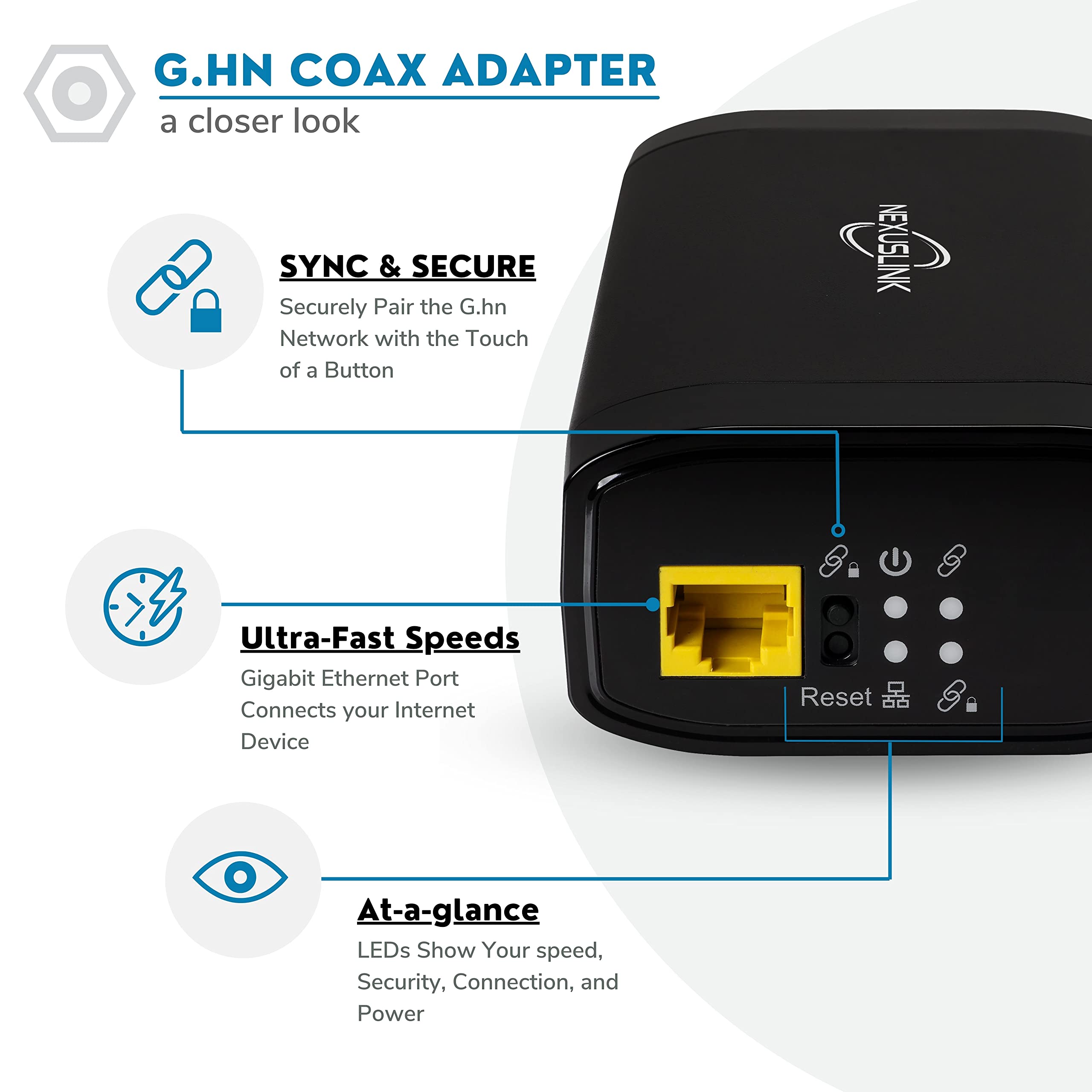 Nexuslink G.hn Ethernet Over Coax Adapter | 2000 Mbps, Fast and Secure Network Performance, Online Gaming and Streaming in Hard-to-Reach Locations, 2 Units (GCA-2000-KIT)