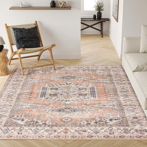 Valenrug Washable Rug 5x7 - Ultra-Thin Antique Collection Area Rug, Stain Resistant Rugs for Living Room Bedroom, Distressed Persian Boho Rug(Peach/Yellowish, 5'x7')