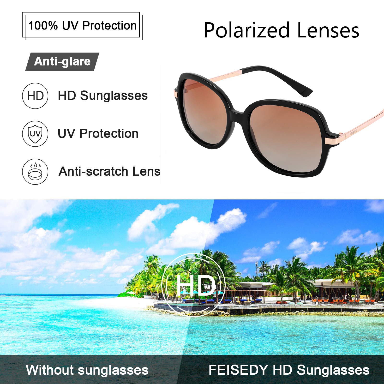 FEISEDY Classic Womens Elegant Polarized Sunglasses Ladies Wide Square Sunglasses Shades B2683