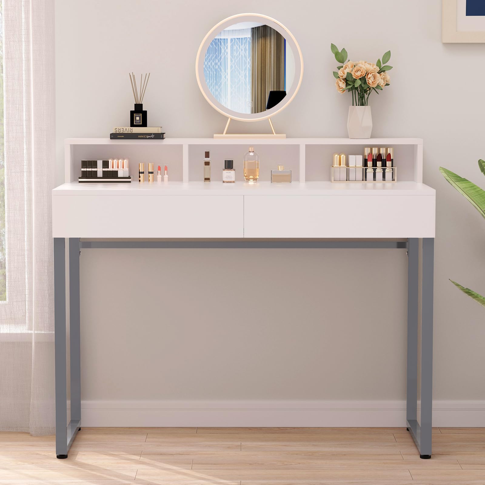 GreenForest Vanity Desk with 2 Drawers, White Makeup Desk with 3 Storage Spaces, 31.5 inch Small Desk with Silver Metal Legs, Modern Home Office Desk for Kids, Bedroom (No Mirror)