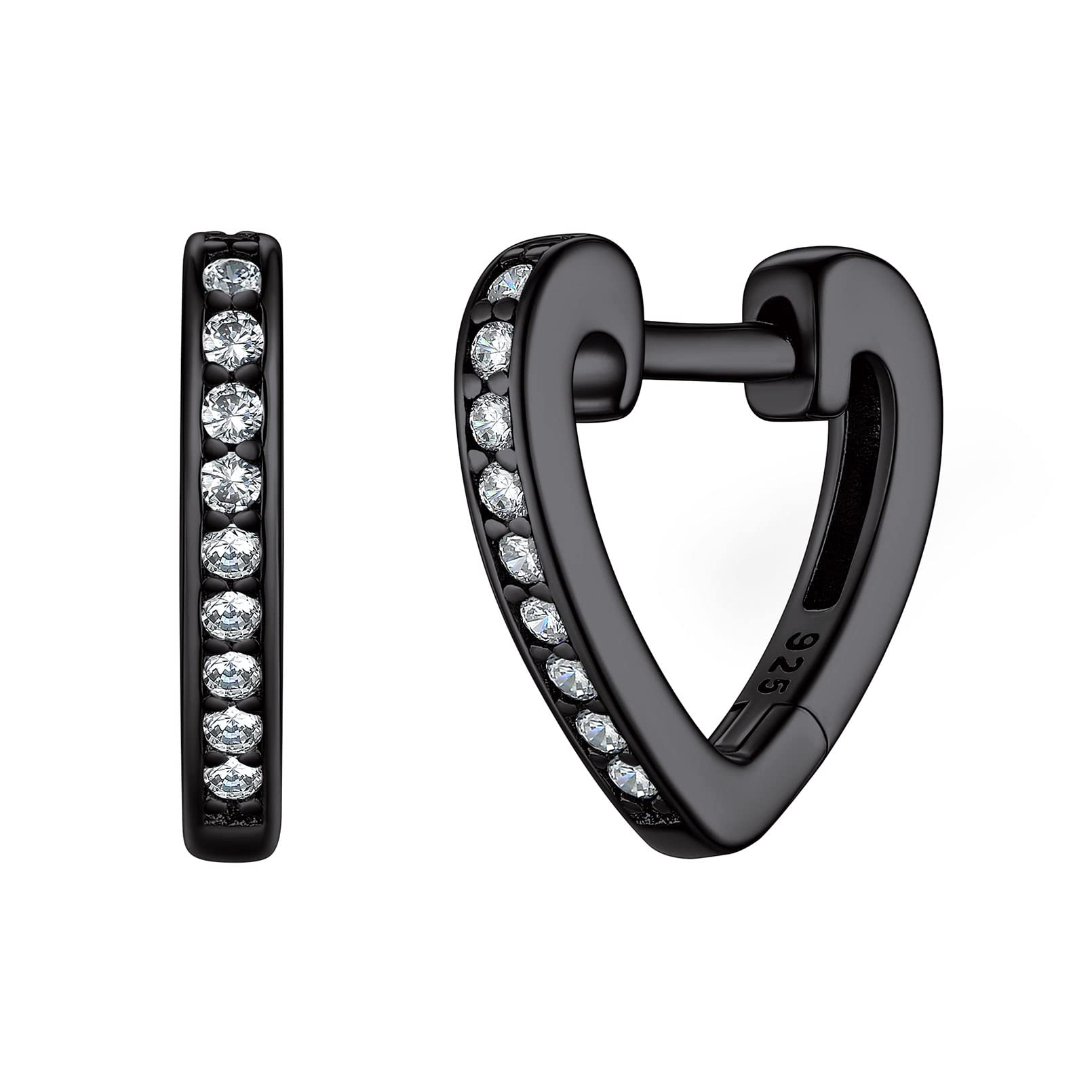 ChicSilver 7MM Small Black Hoop Earrings for Women 925 Sterling Silver White Cubic Zirconia Heart Huggie Earrings Hypoallergenic Lightweight Tiny Hoops Cartilage Earrings