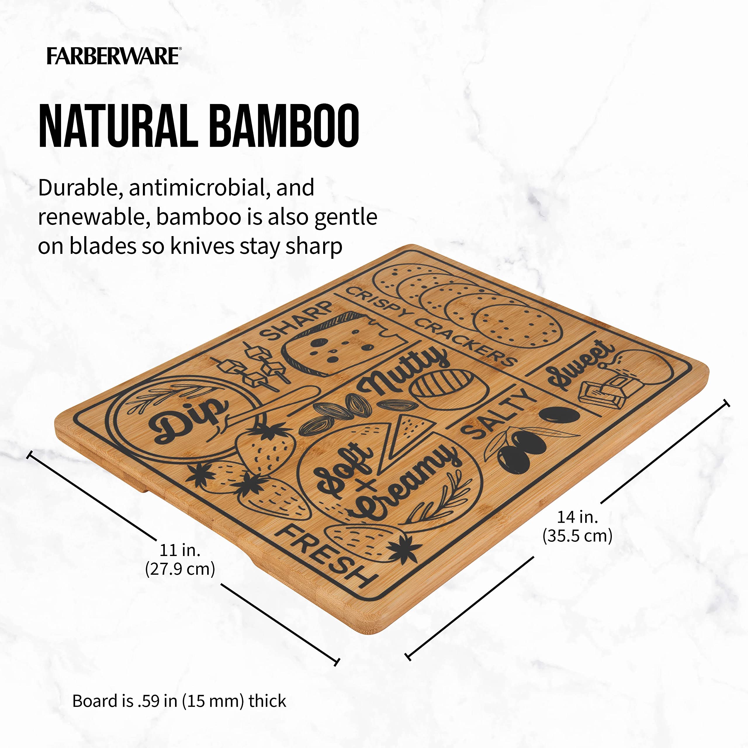 Farberware Charcuterie Board with Recessed Handles, Reversible Kitchen Cutting Board for Entertaining and Meal Prep, Decorative Wood Cheese Board, 11-inch x 14-Inch, Bamboo