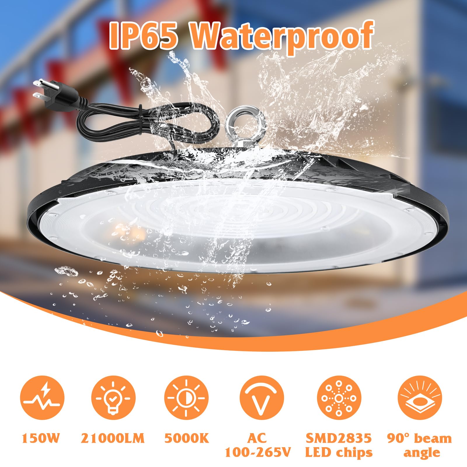 Flyship UFO LED High Bay Light, 150W High Bay LED Shop Lights 21000LM 5000K, UFO LED High Bay Light for Garage Warehouse Workshop Factory Gym Barn, 5Ft Power Cord, IP65 Waterproof, 4 Pack