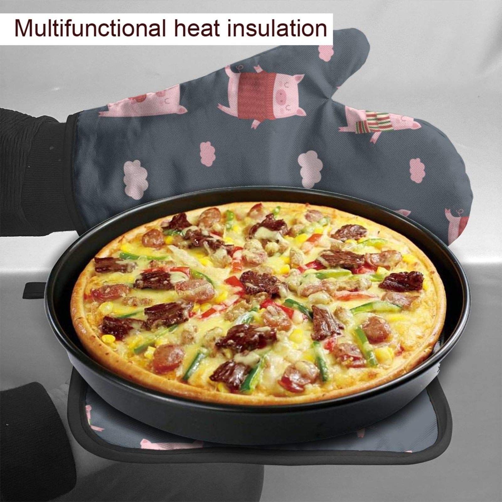 Cute Cartoon Pigs Oven Mitts and Pot Holders Sets Heat Resistant Oven Gloves with Non-Slip Surface for Reusable for Baking BBQ Cooking