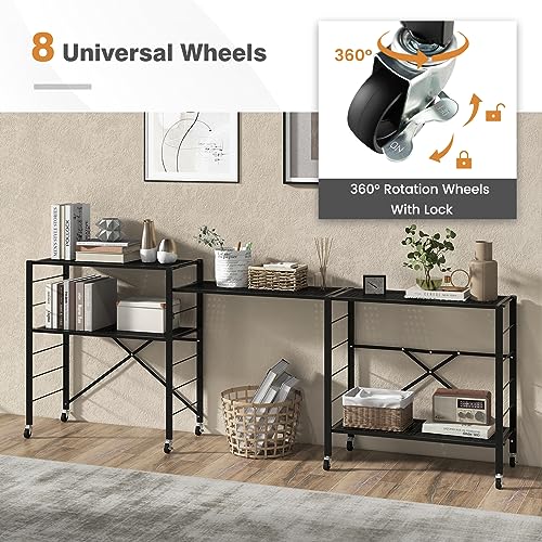 Giantex 5-Tier Folding Bookshelf with Wheels Black, 60" Tall Foldable Metal Shelves for Storage, Freestanding Open Shelving Storage, Easy Assembly Bookcase Display Shelving Rack