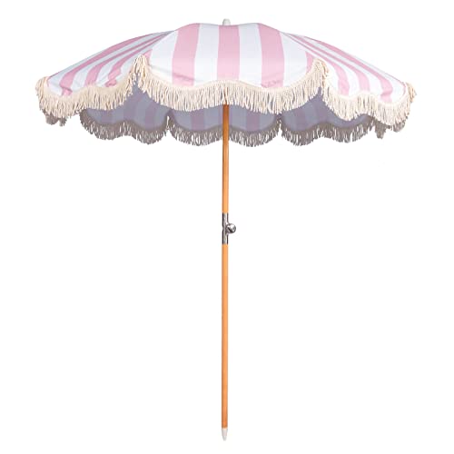 Funsite 6.5ft Boho Beach Umbrella with Fringe, UPF 50+ Tassel Umbrellas with Carry Bag, Premium Wood Pole Foldable Patio Umbrella for Outdoor Holiday Garden Lawn Pool Yard Table, Pink Stripe