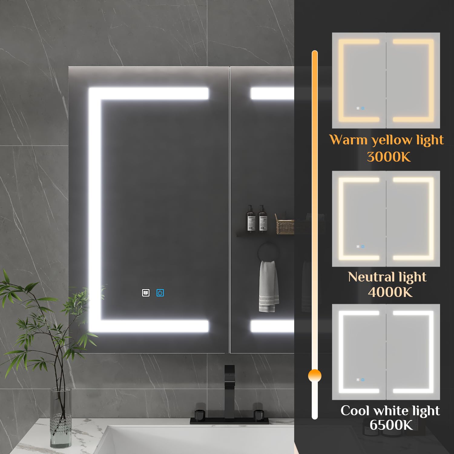 FUNISIR Lighted Medicine Cabinet with Mirror, 2 Doors Large Medicine Cabinet Mirror with Anti-Fog, Stepless Dimmable Light & Light Color Adjustment, Surface Mount, White, 35.4" W x 31.3" H