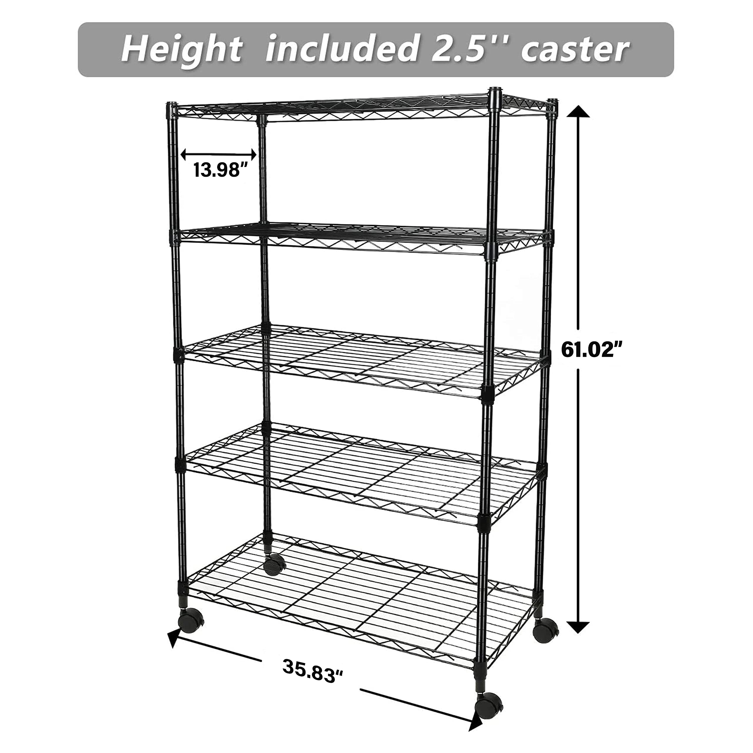 iPower Simple Deluxe Heavy Duty Shelving Unit, Wire Metal Stackable Storage, 5-Tier Shelf, Black, 36" W x 13.8" D x 71.8" H