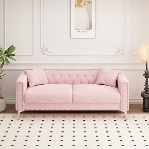 FANYE Velvet Upholstered Sofa Couch with 2 Pillows,Modern 3 Seaters Sofa Couch with Nailhead Decor and Metal Legs for Living Room