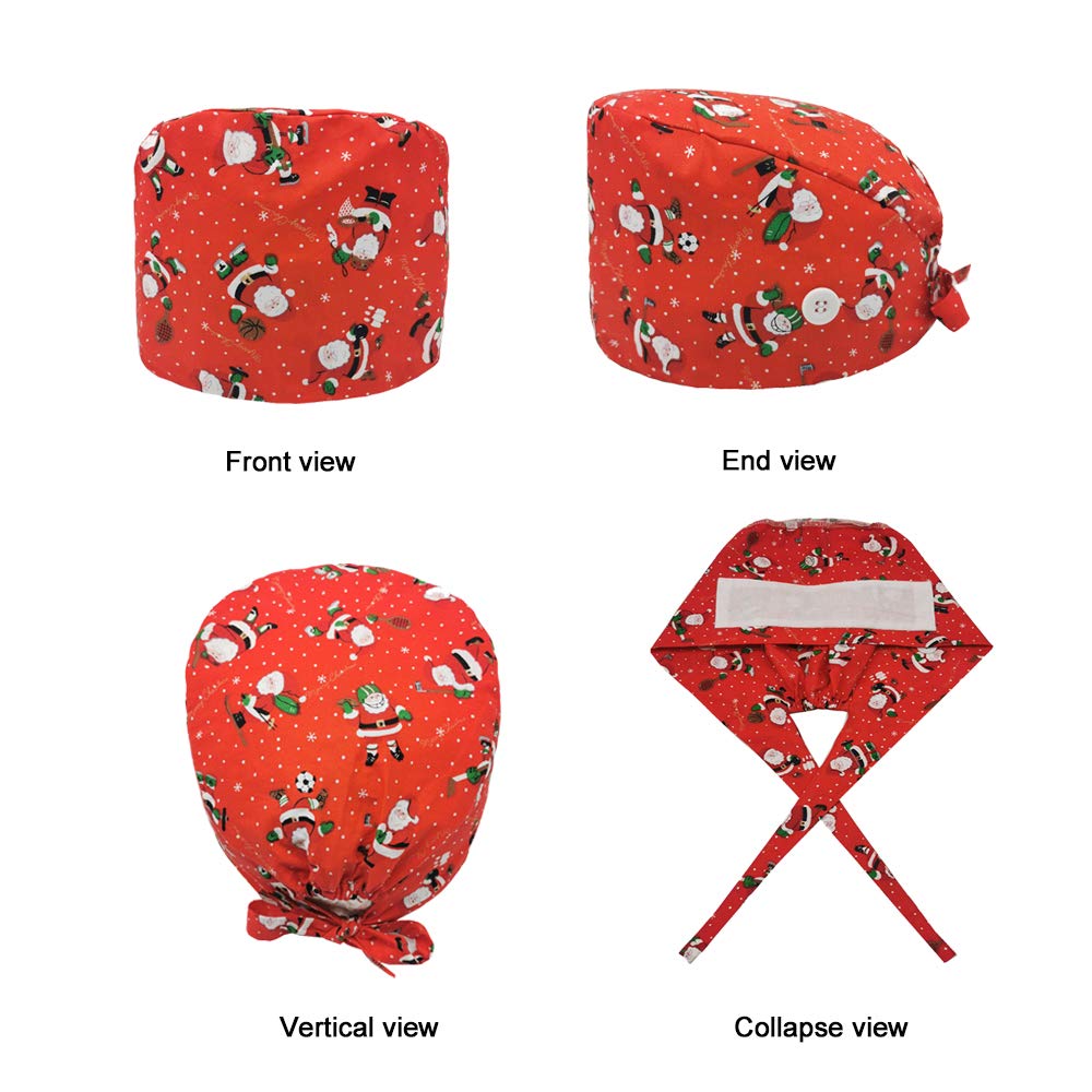 Christmas Printed Working Cap with Button and Sweatband Adjustable Bouffant Hats for Women Men （3 Pcs）